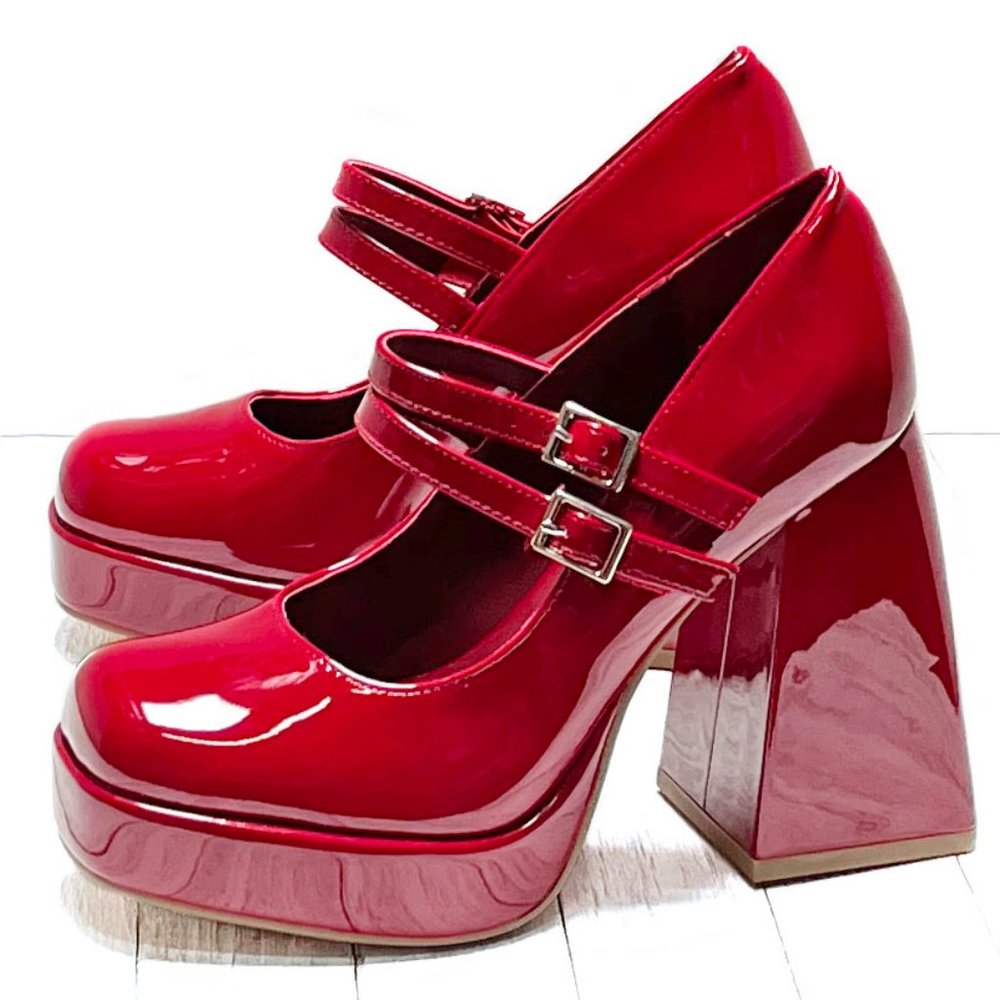 Ruby Red Patent Mary Jane Platform Chunky Heel Pumps - Gem